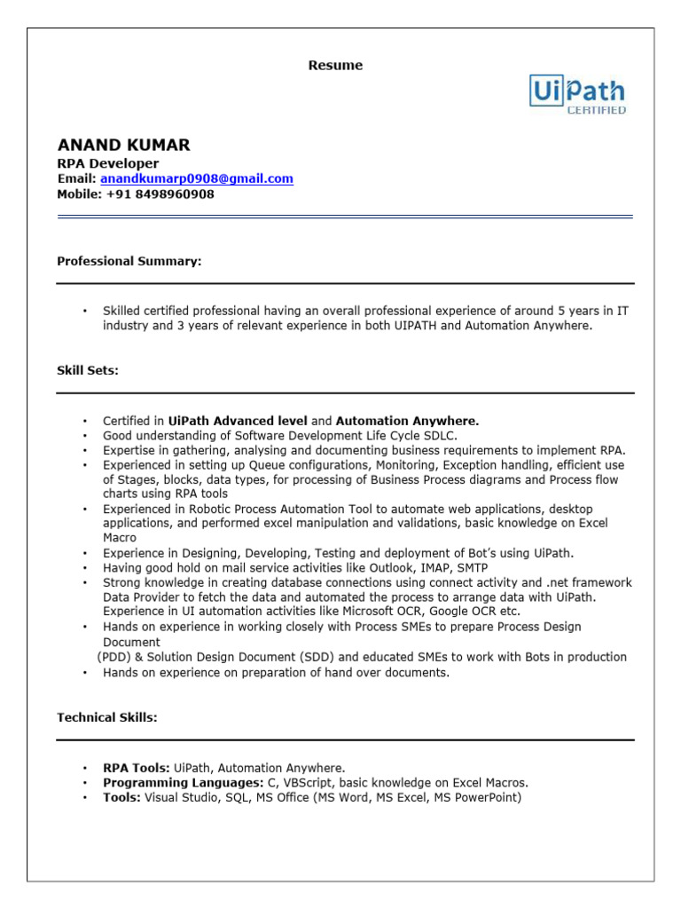 Anand - RPA Developer - Resume | PDF | Microsoft Excel | Automation