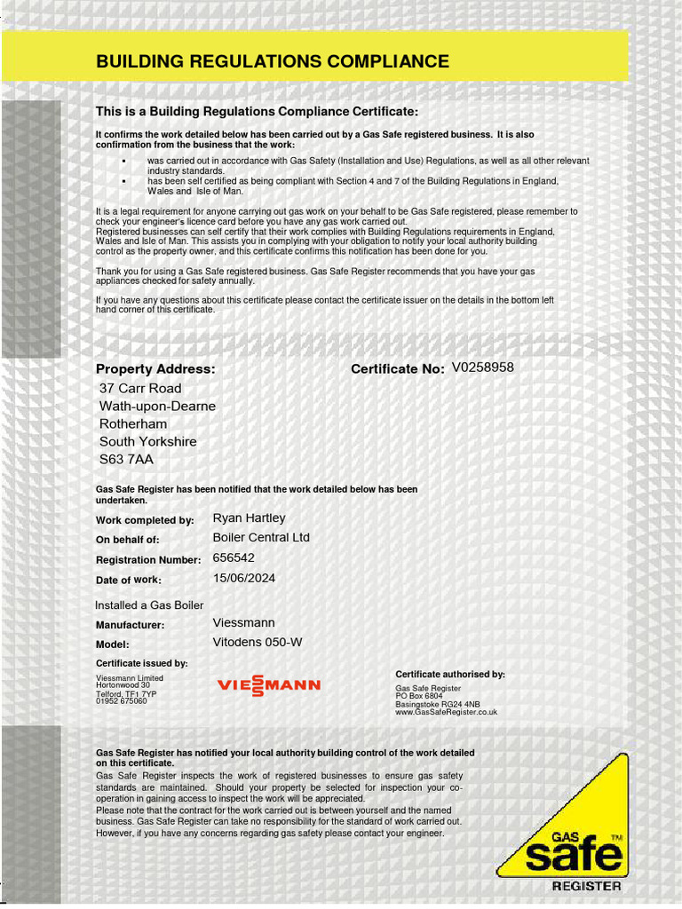 Vitodens 050-W 7987363300610102 Gas Safe Certificate | PDF | Safety