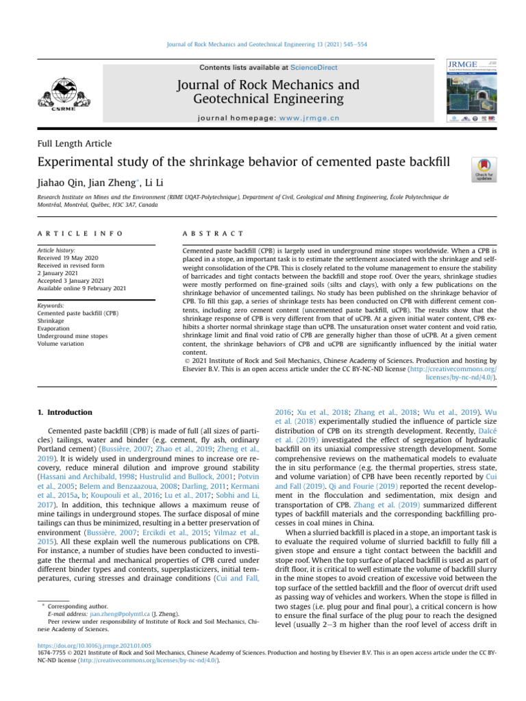 Experimental study of the shrinkage behavior of cemented paste backfill ... Experimental study of the shrinkage behavior of cemented paste backfill ...