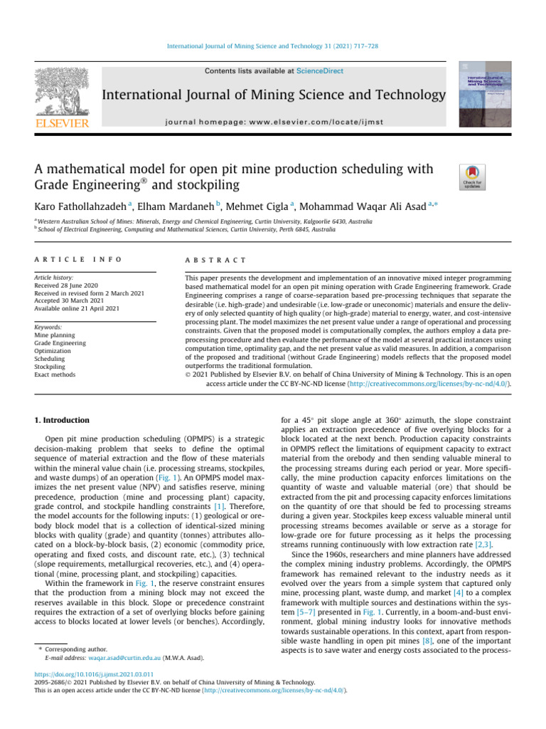 A Mathematical Model For Open Pit Mine Production Scheduling With Grade ...
