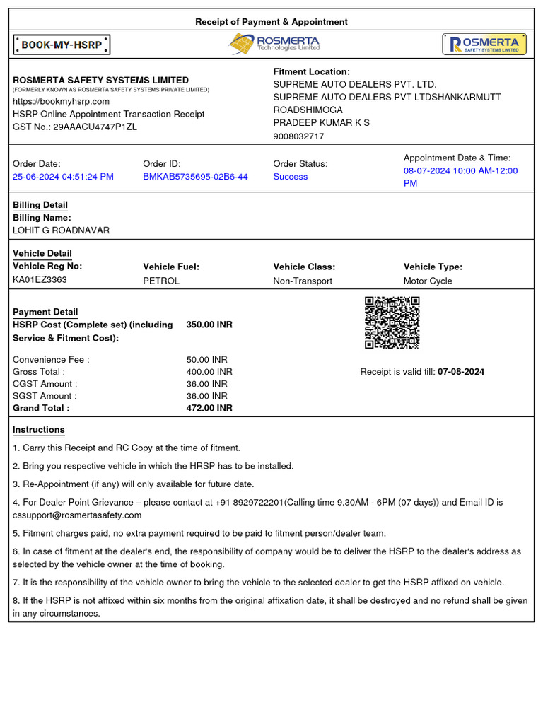 HSRP Payment Receipt & Appointment | PDF | Payments | Vehicles