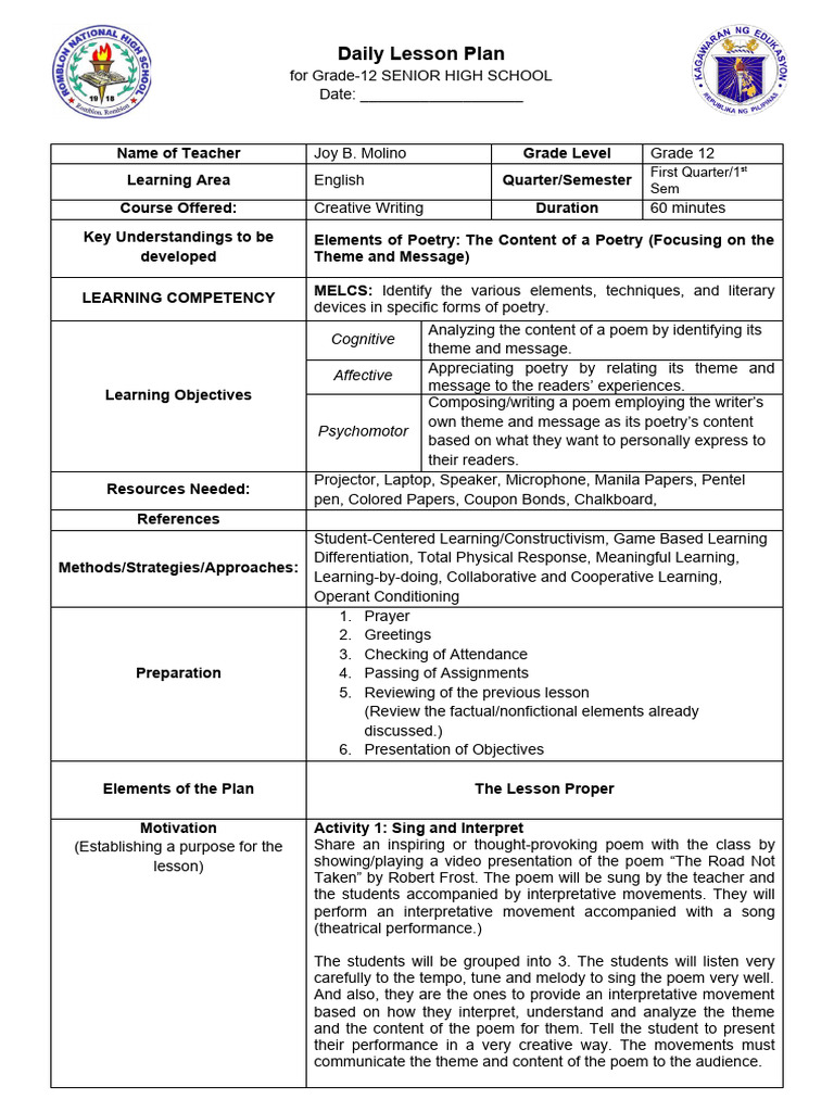 COT 1 Lesson Plan | PDF | Thought | Learning