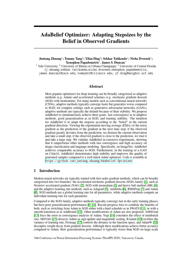 NeurIPS 2020 Adabelief Optimizer Adapting Stepsizes by The Belief in Observed Gradients Paper ...