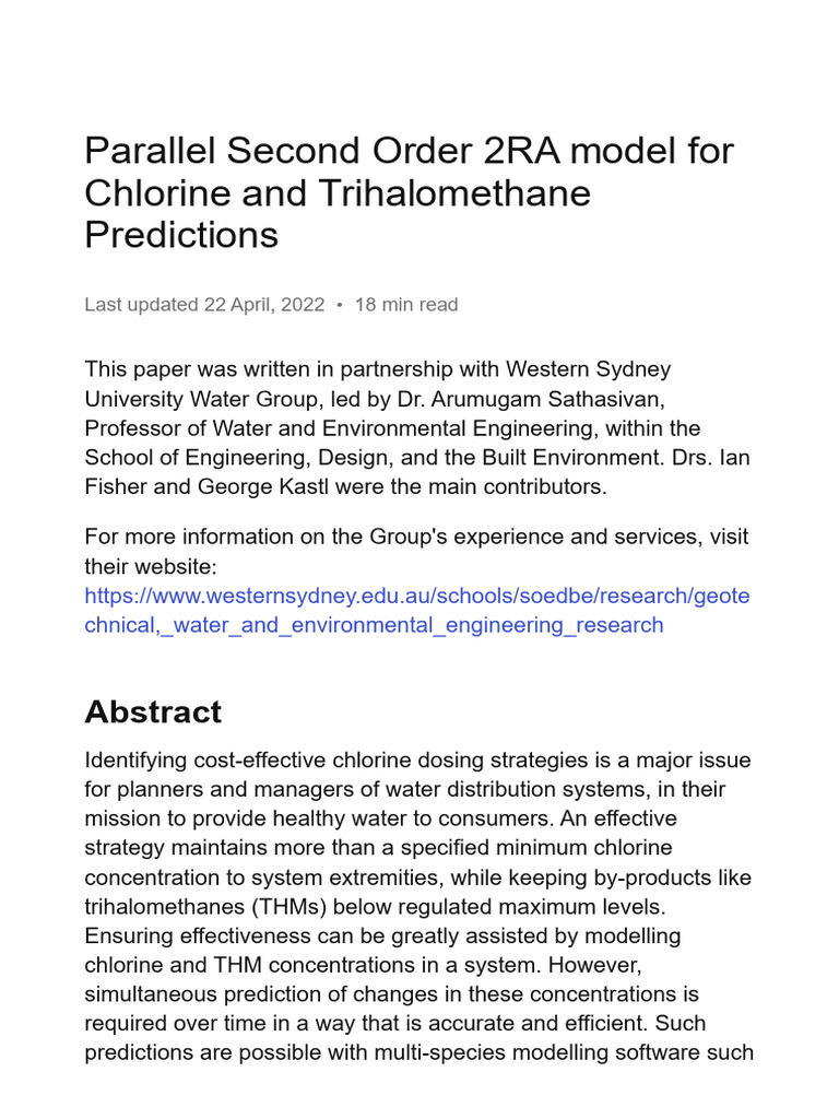 Parallel Second Order 2RA Model For Chlorine and Trihalomethane ...