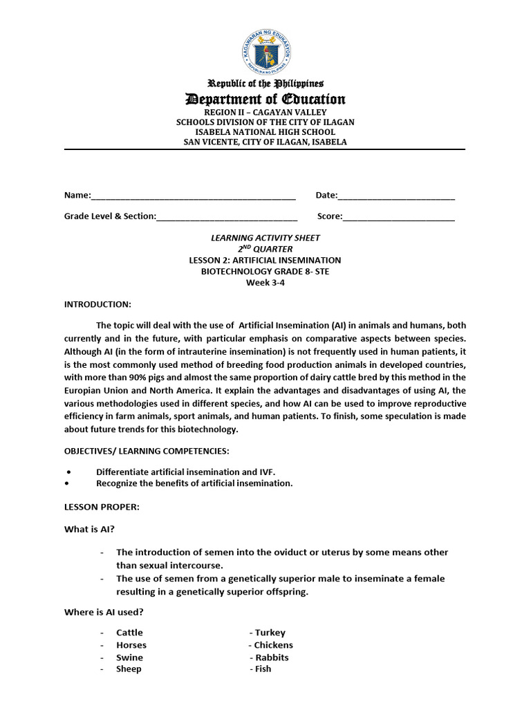 Quarter 2 Lesson 2 Artificial Insemination 1 | PDF | Reproductive System | Sexual Intercourse