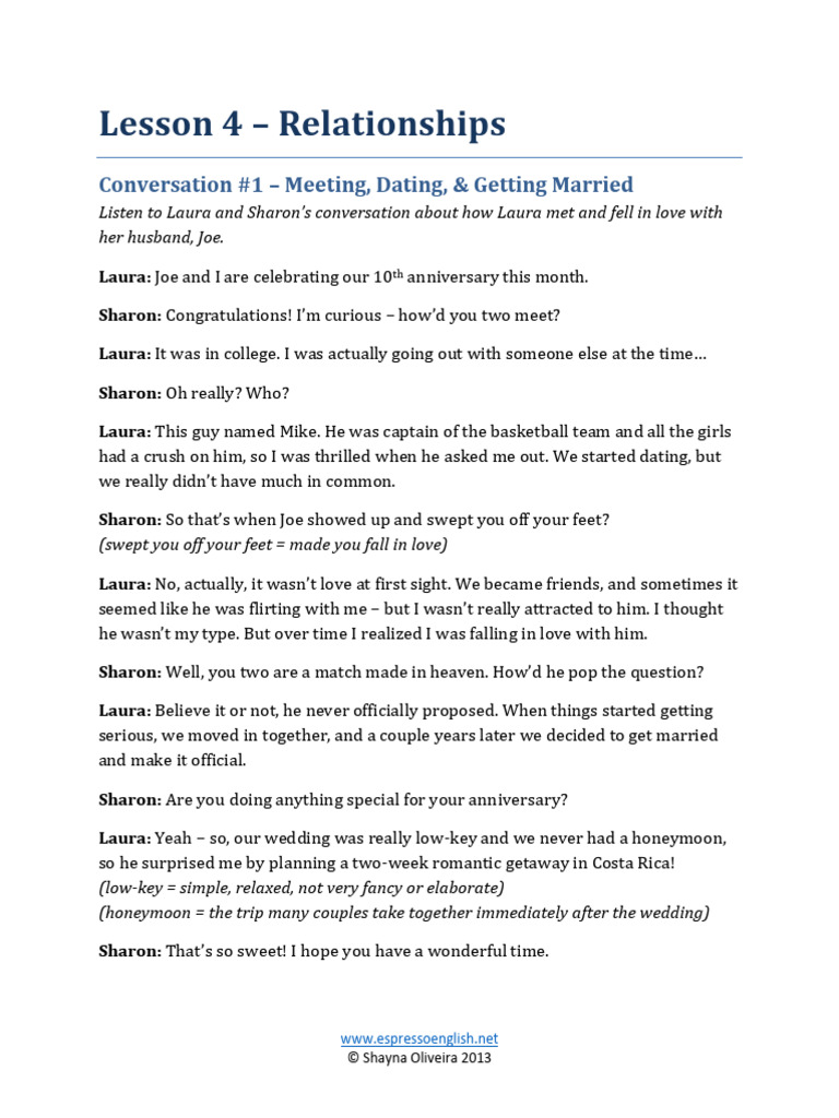 Lesson 04 - Relationships | PDF | Engagement | Romance (Love)