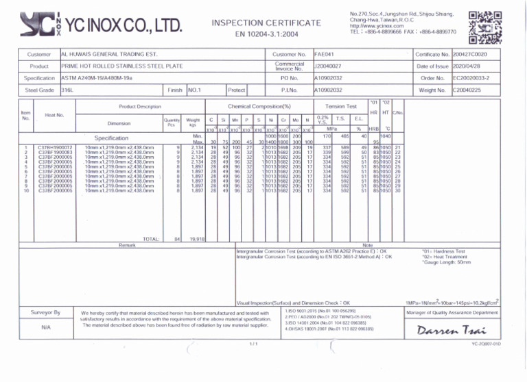 SS316 10MM X 4FT X 8FT Yc Inox | PDF | Stainless Steel | Metals