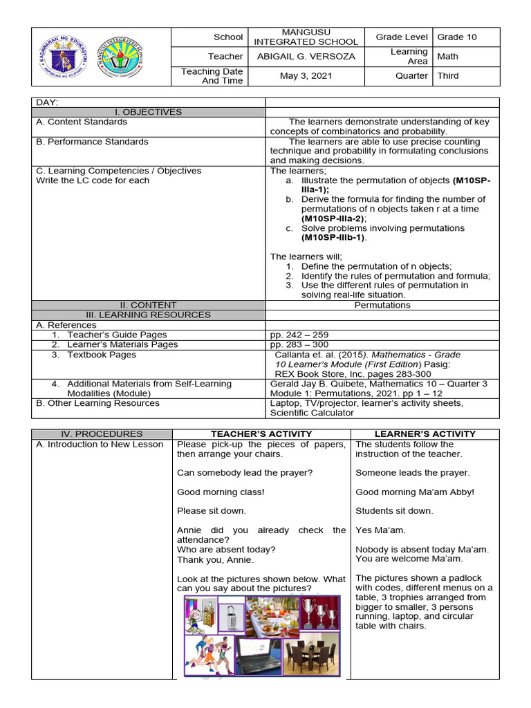 Lesson Plan (CO 2) 2020-21 (g10) | PDF | Permutation | Mathematics