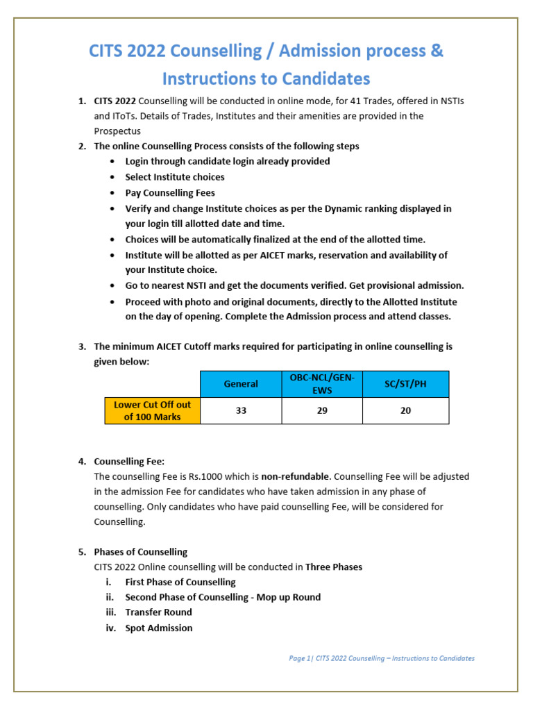 CITS 2022 Counselling Process - Candidates1 | PDF | Machinist ...