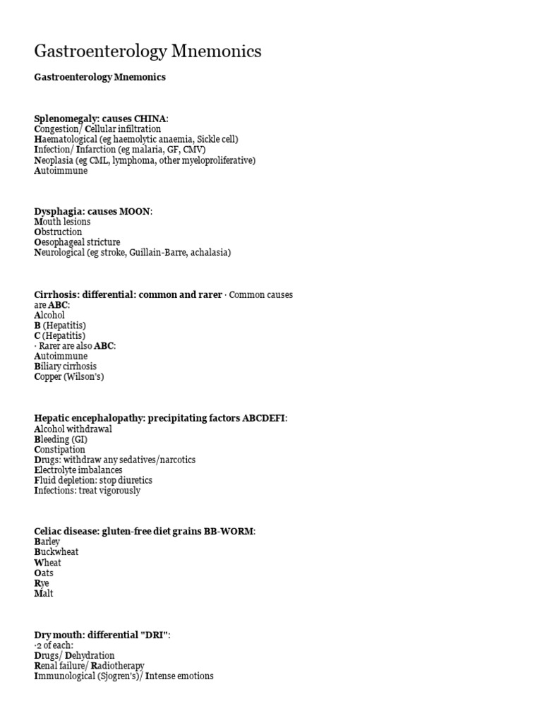 Gastroenterology Mnemonics Overview | PDF | Cirrhosis | Ulcerative Colitis