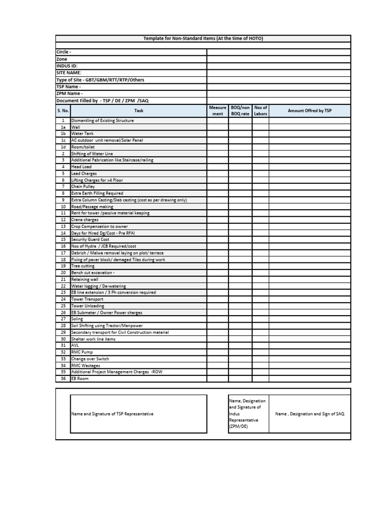 Template For Non-Standard Items (At The Time of HOTO) | PDF