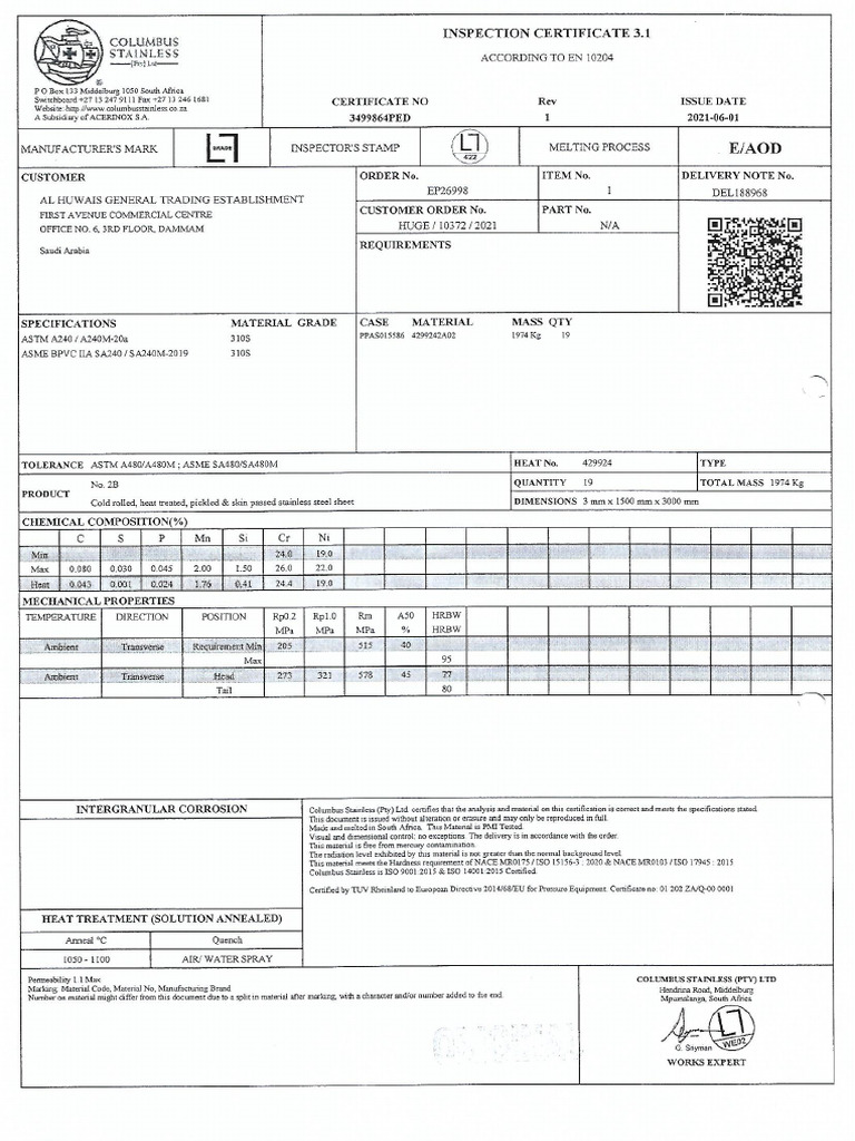 SS310 3mm Sheet | PDF