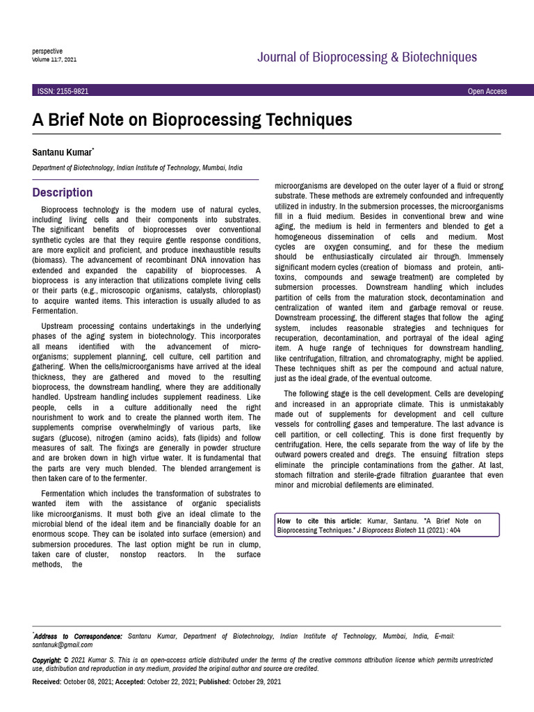 A Brief Note On Bioprocessing Techniques | PDF | Microorganism | Biotechnology