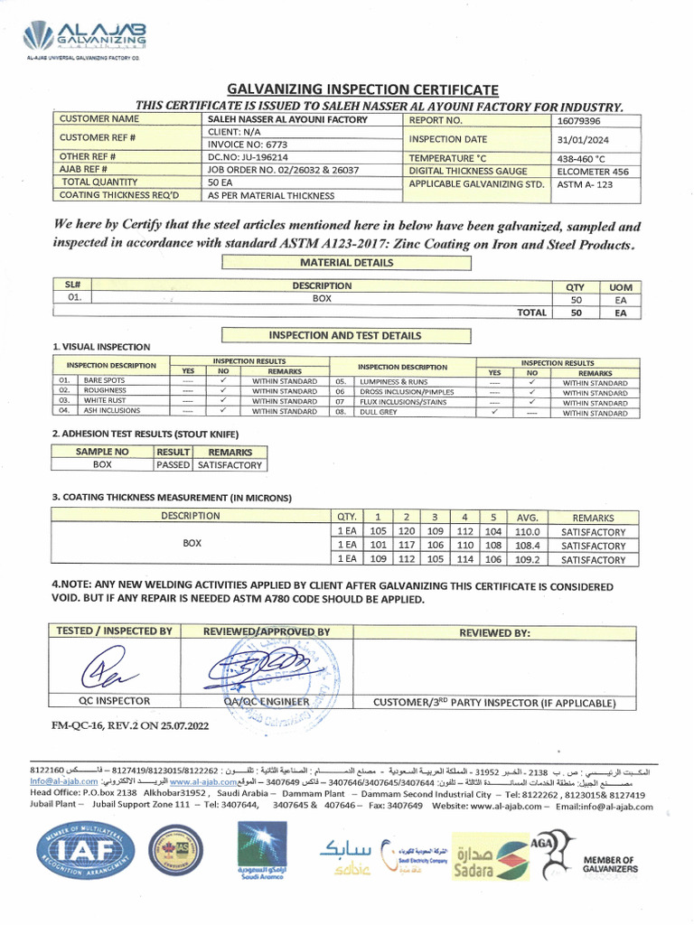 HDG Inspection Certificate - Box | PDF