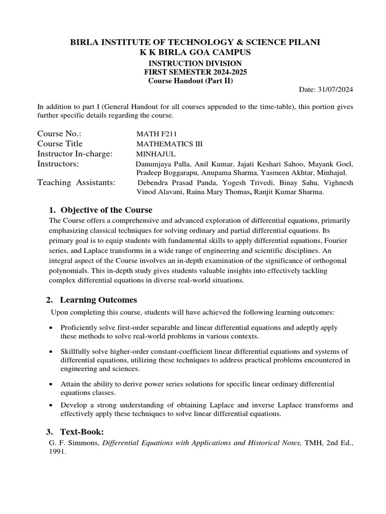 MATH F211-Handout | PDF | Partial Differential Equation | Differential Equations