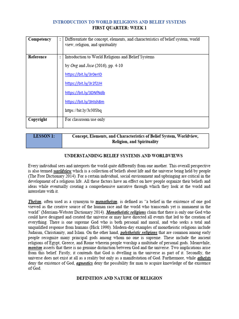 IWRBS Calibrated Q1 Week 1 | PDF | Spirituality | Monotheism