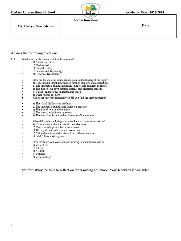 Reflection Sheet G4 Artefacts | PDF