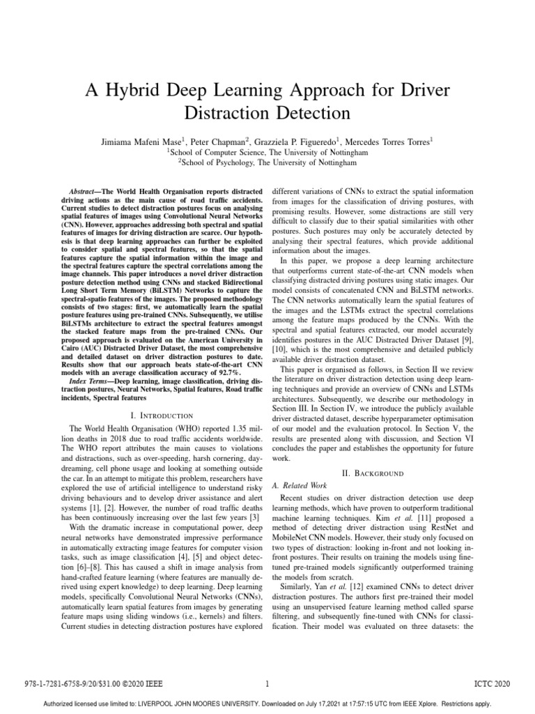 A Hybrid Deep Learning Approach For Driver Distraction Detection Pdf