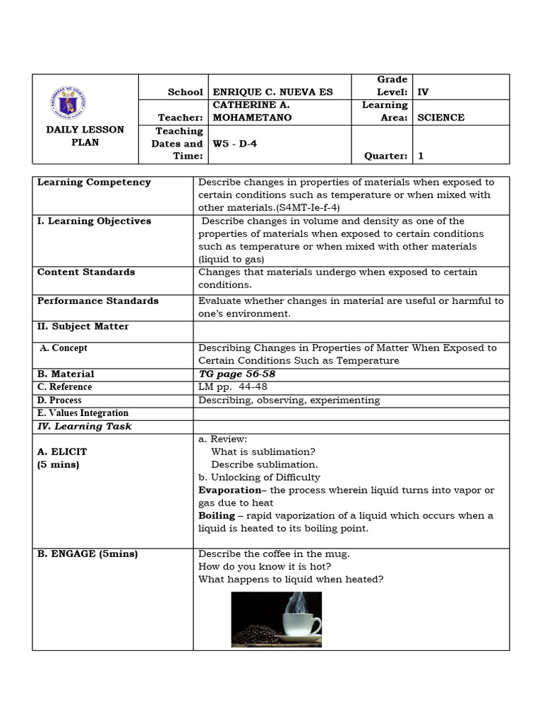 SCIENCE 4 DLP Q1 Week 5 Day 4 | PDF | Water | Evaporation