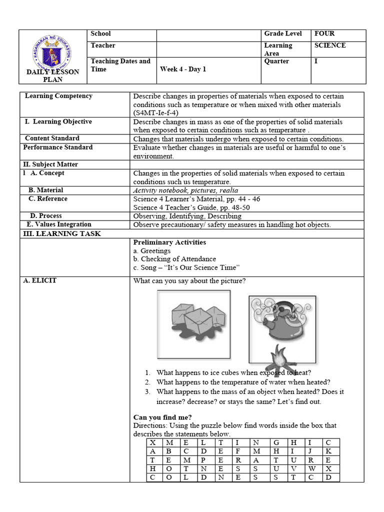 Science SSP 4 DLP Q1 WK 4 Day 1 | PDF | Ice | Heat