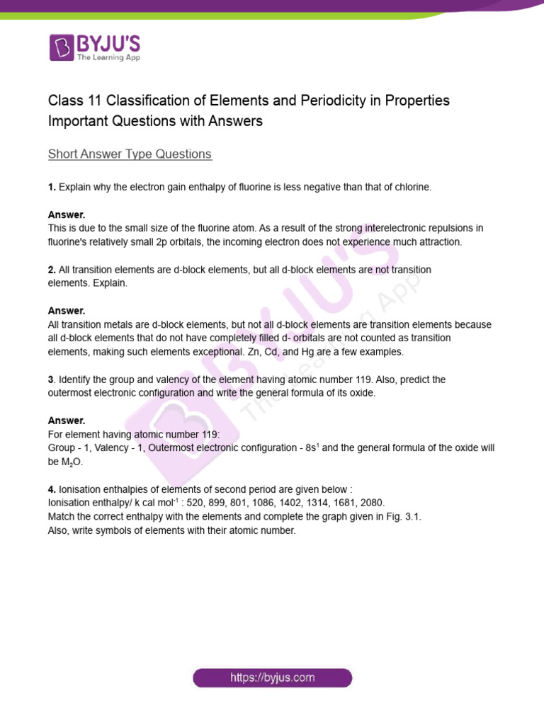 Class 11 Chemistry Chapter 3 Classification of Elements and Periodicity in Properties Important ...