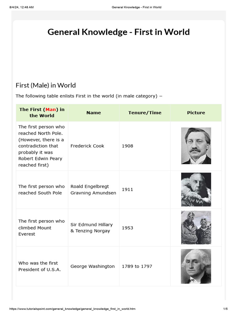 General Knowledge - First in World | PDF