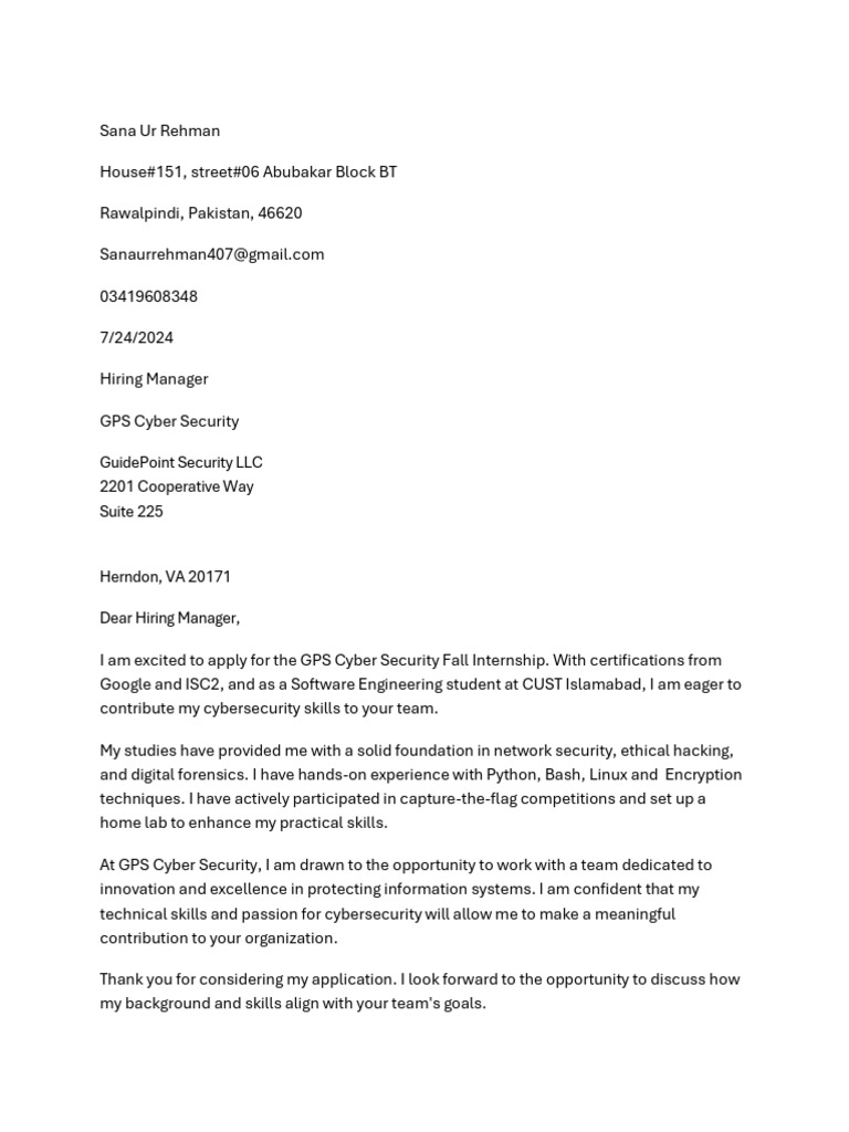 Sana UR Rehman Coverletter | PDF | Computers