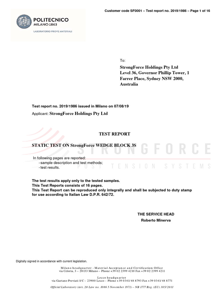 STRONGFORCE - COMM. 2019-0627 - CERT. 2019-1986 - Statica 3S SF ...
