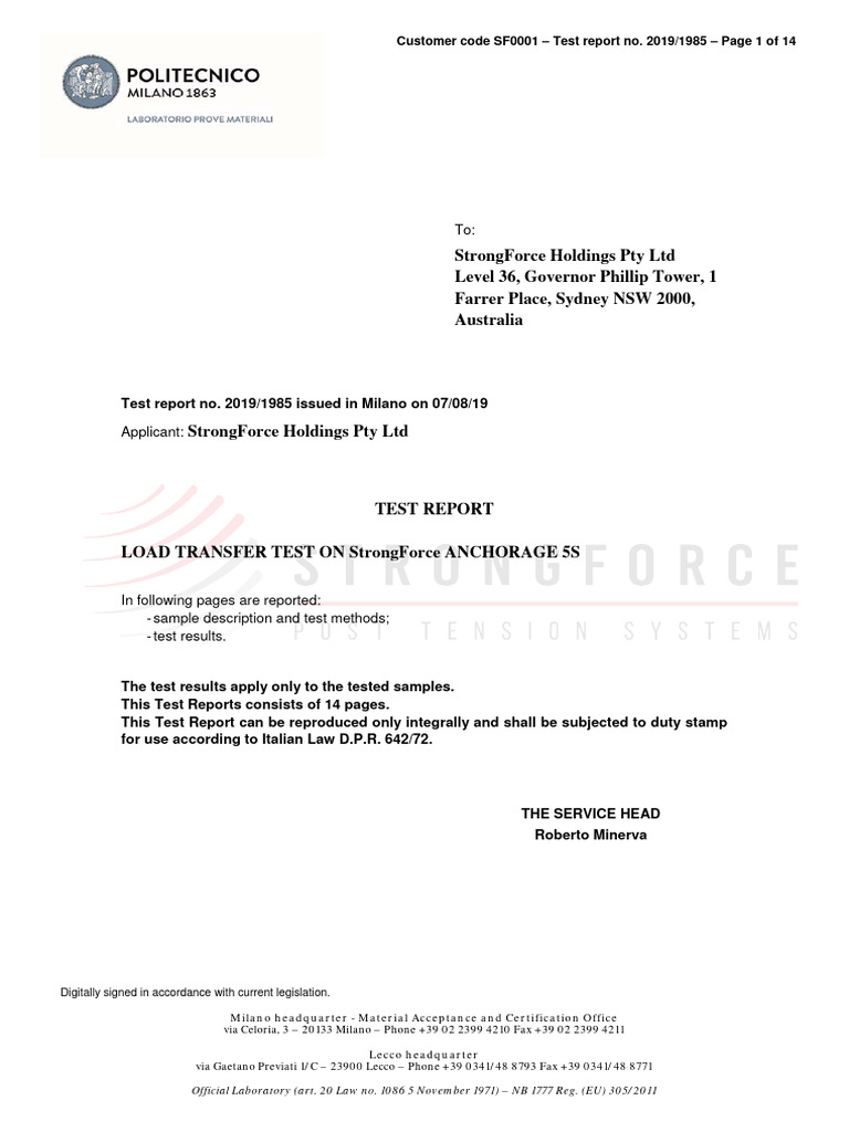 STRONGFORCE - COMM. 2019-0627 - CERT. 2019-1985 - Prova Transf SF Teste ...