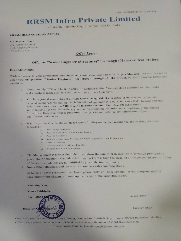 Offer Letter Jagveer Singh | PDF