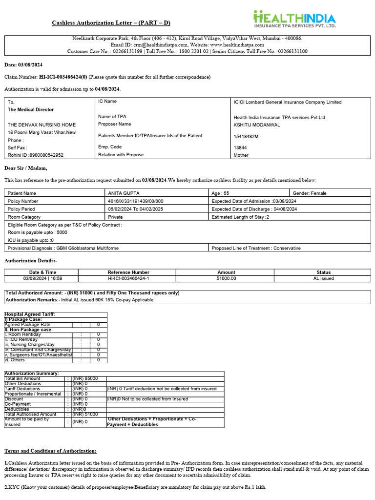 Approval Letter - Anita Gupta | PDF | Insurance | Receipt