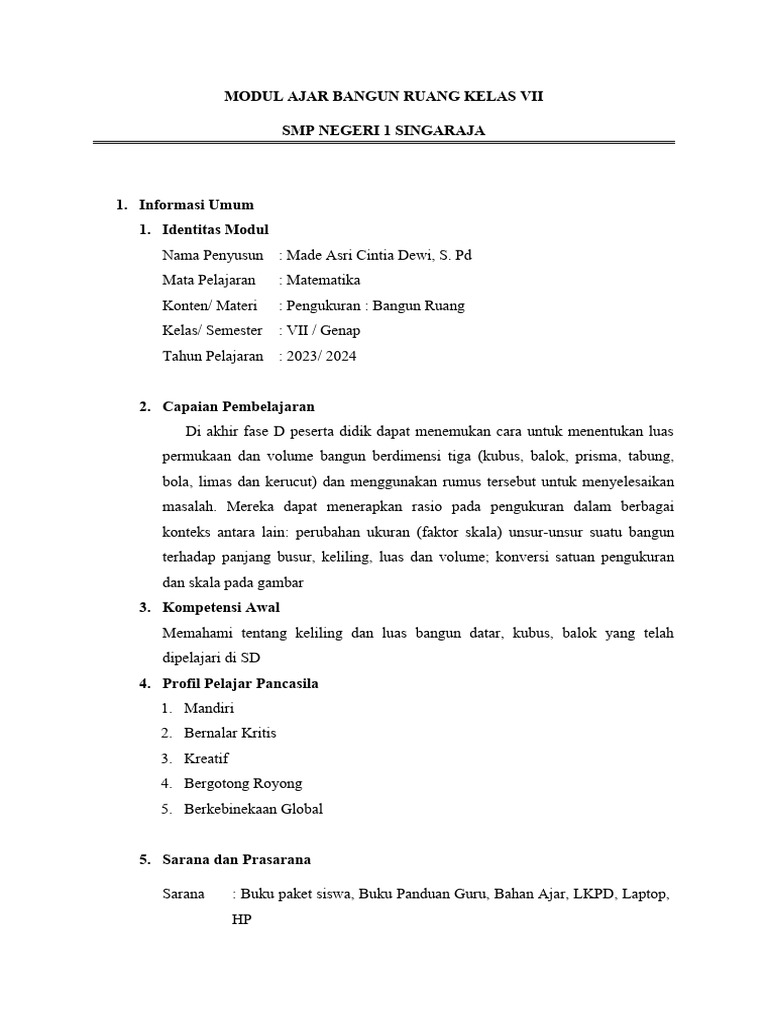 Modul Ajar Bangun Ruang Kelas VII | PDF | Karier & Perkembangan | Seni