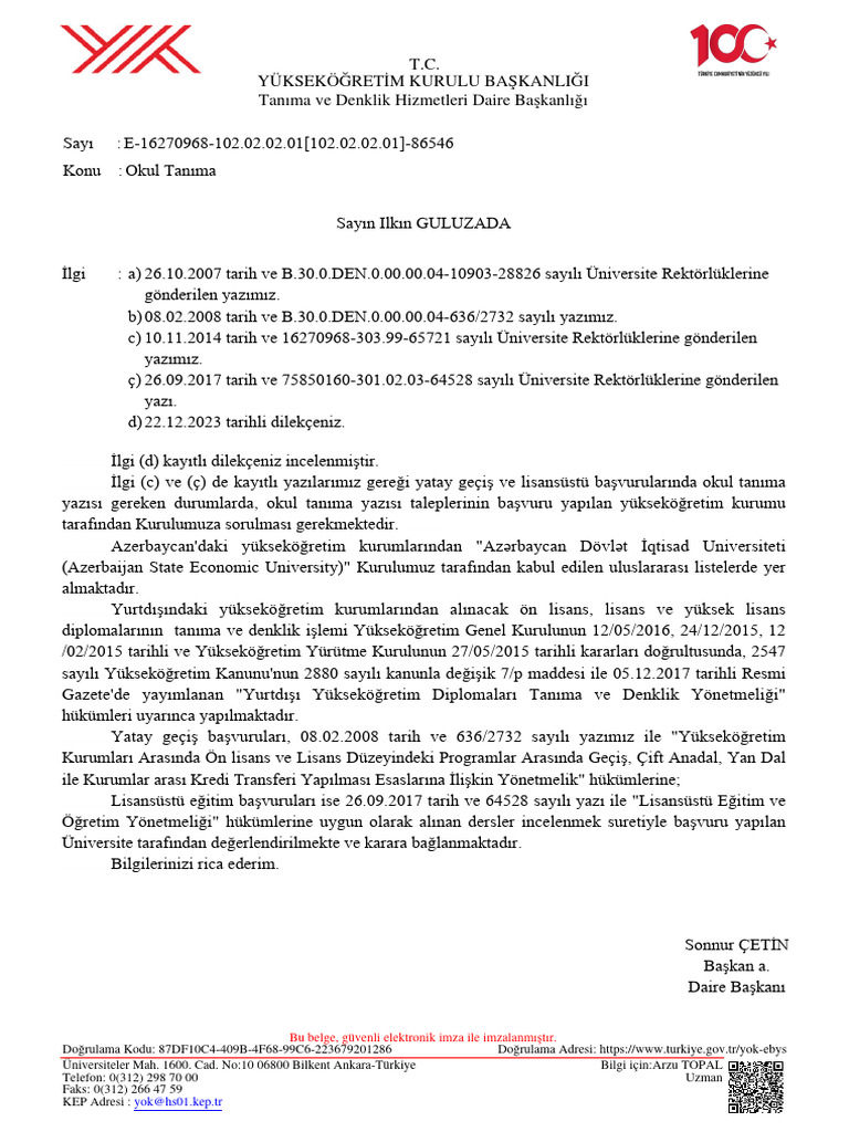 T.C. Yükseköğretim Kurulu Başkanliği Tanıma Ve Denklik Hizmetleri Daire ...