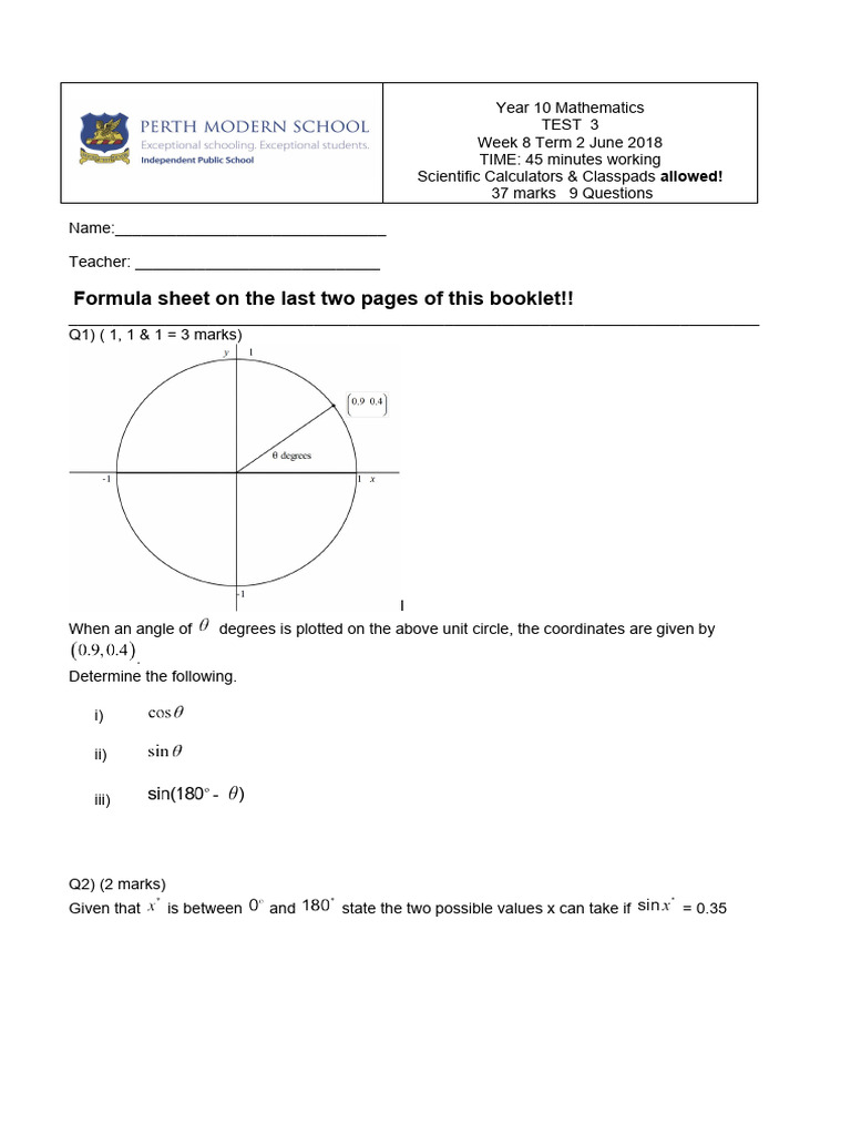2018 Year 10 Mathematics - Test 3 | PDF | Teaching Methods & Materials