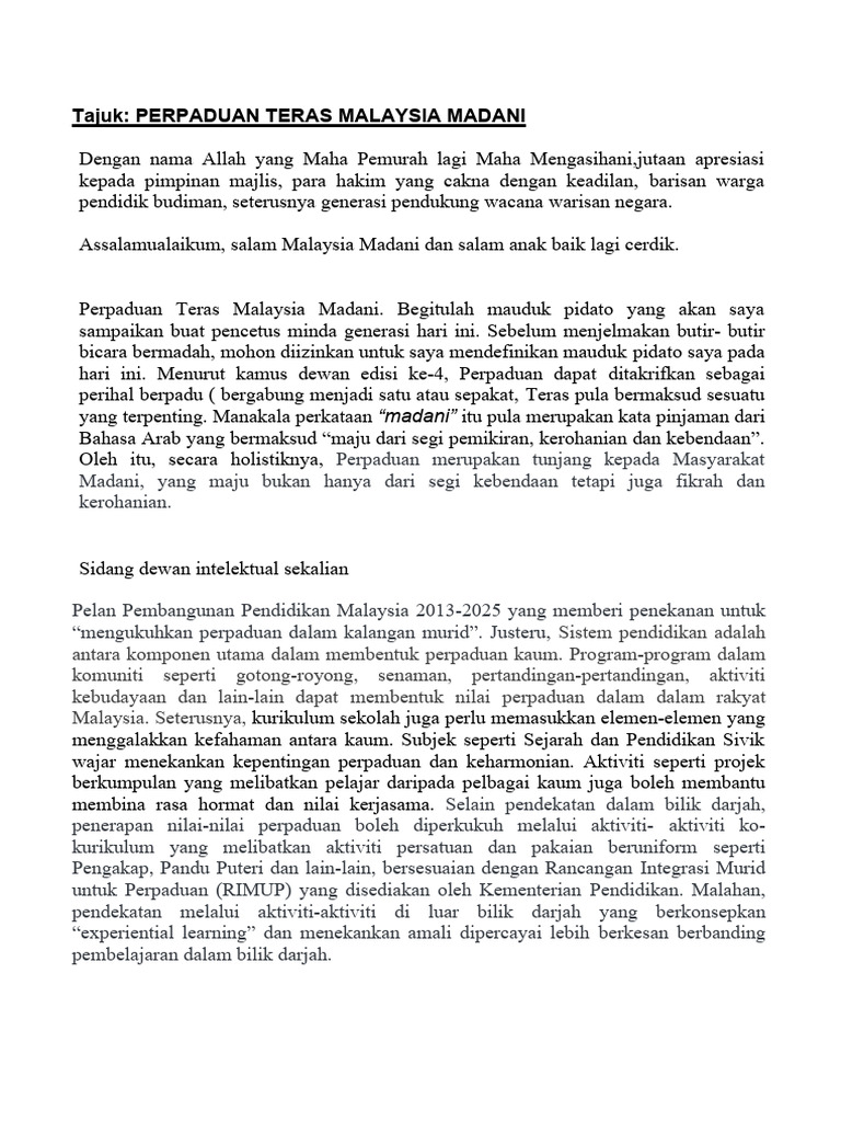 Pidato - Perpaduan Teras Malaysia Madani - Edit 1 | PDF