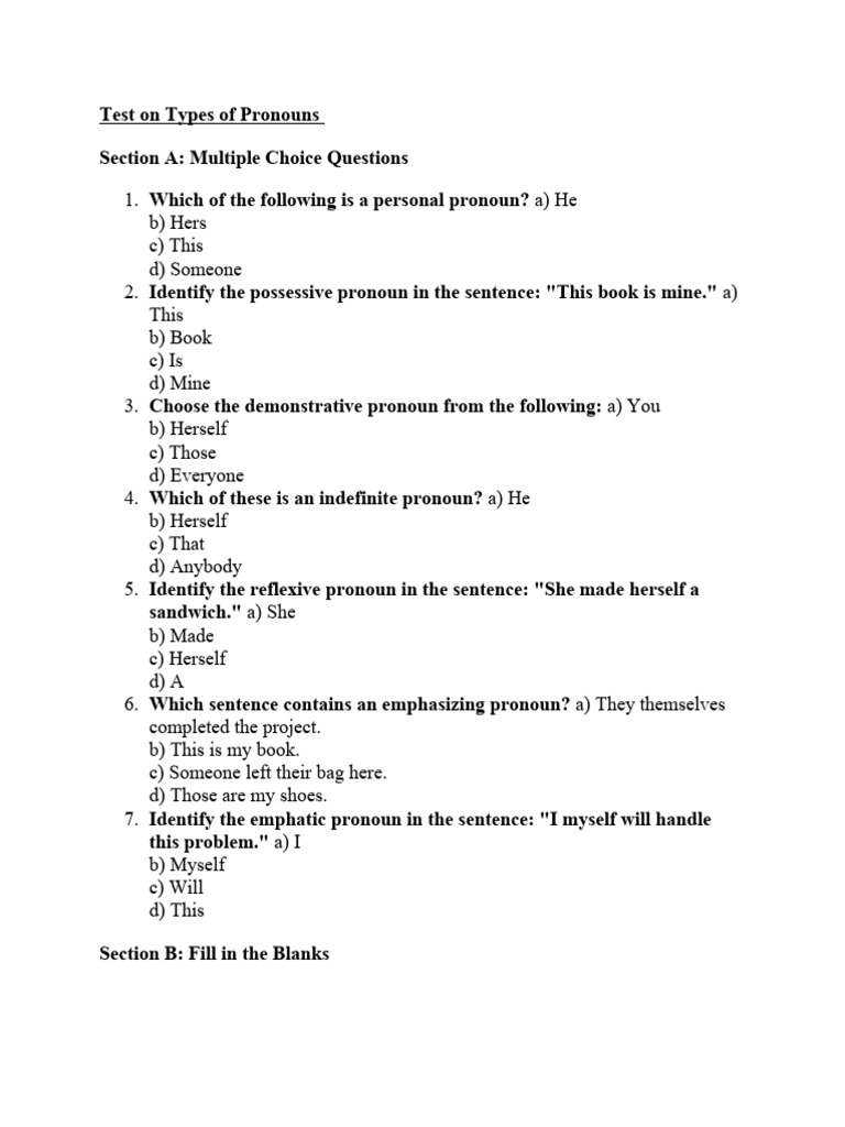 Pronouns Test Paper | PDF