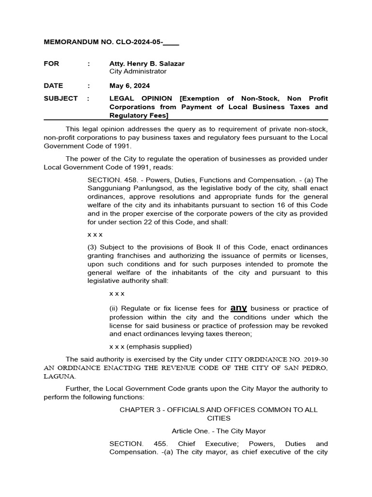 v1 Legal Opinion Taxation On NSNP | PDF | Taxes | Nonprofit Organization