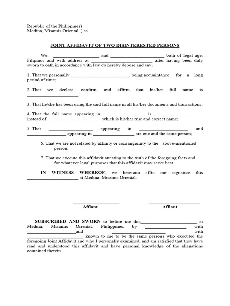 Joint Affidavit of Two Disinterested Persons - Form | PDF