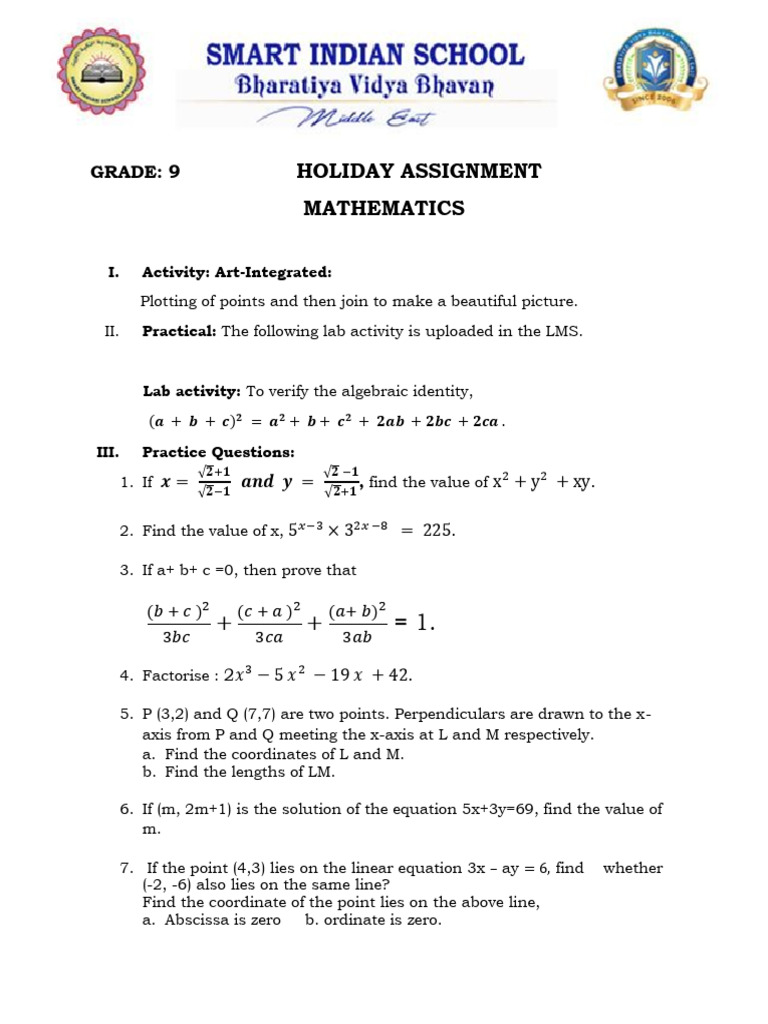 9th Grade Math Holiday Assignment | PDF | Teaching Methods & Materials