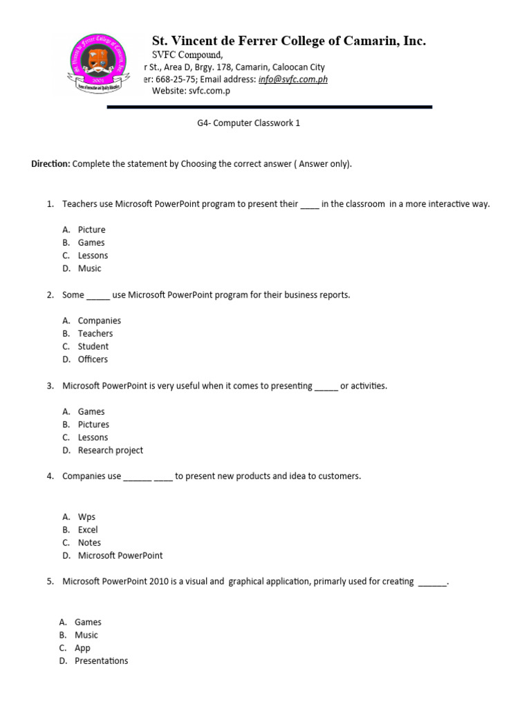 G4 - Classwork 1 - Computer Subject | PDF