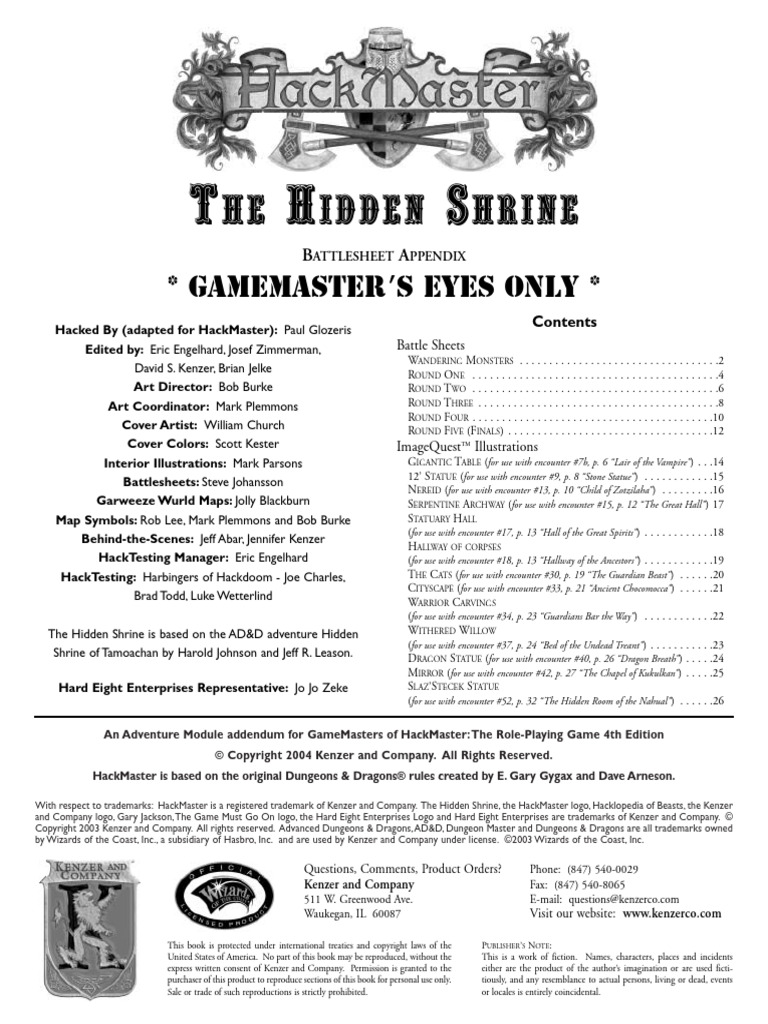 Hackmaster The Hidden Shrine Battlesheet Appendix | PDF | Dungeons & Dragons | Role Playing