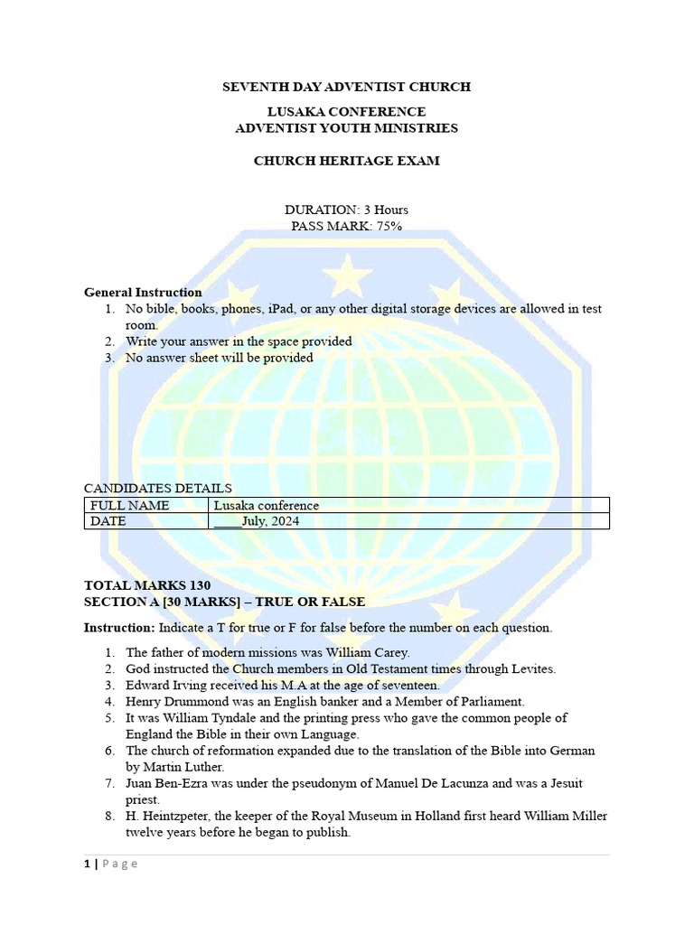 Church Heritage Exam 2024 | PDF | Seventh Day Adventist Church ...