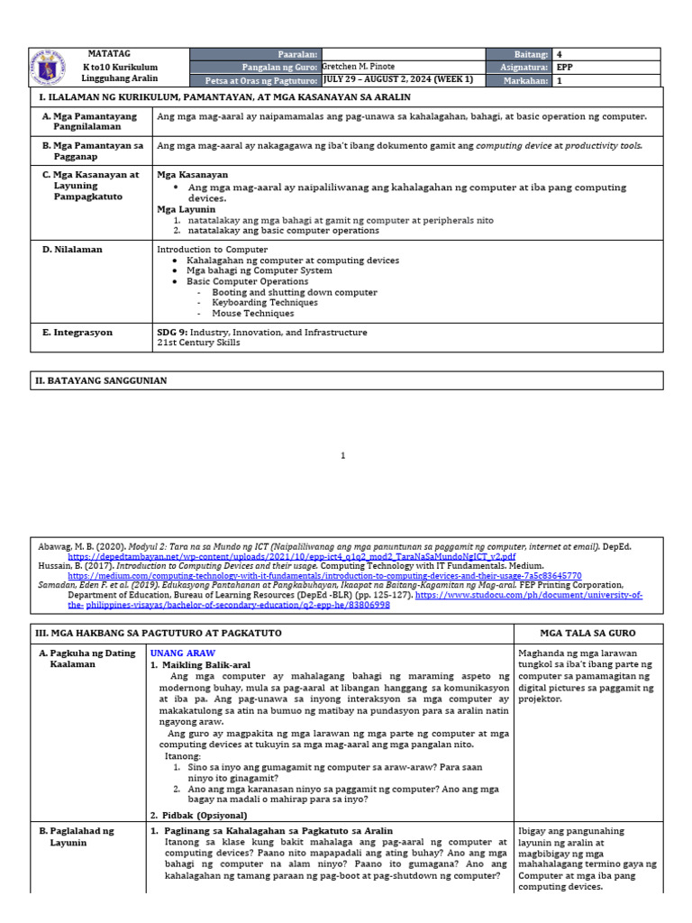 DLL Matatag - Epp 4 Q1 W1 | PDF