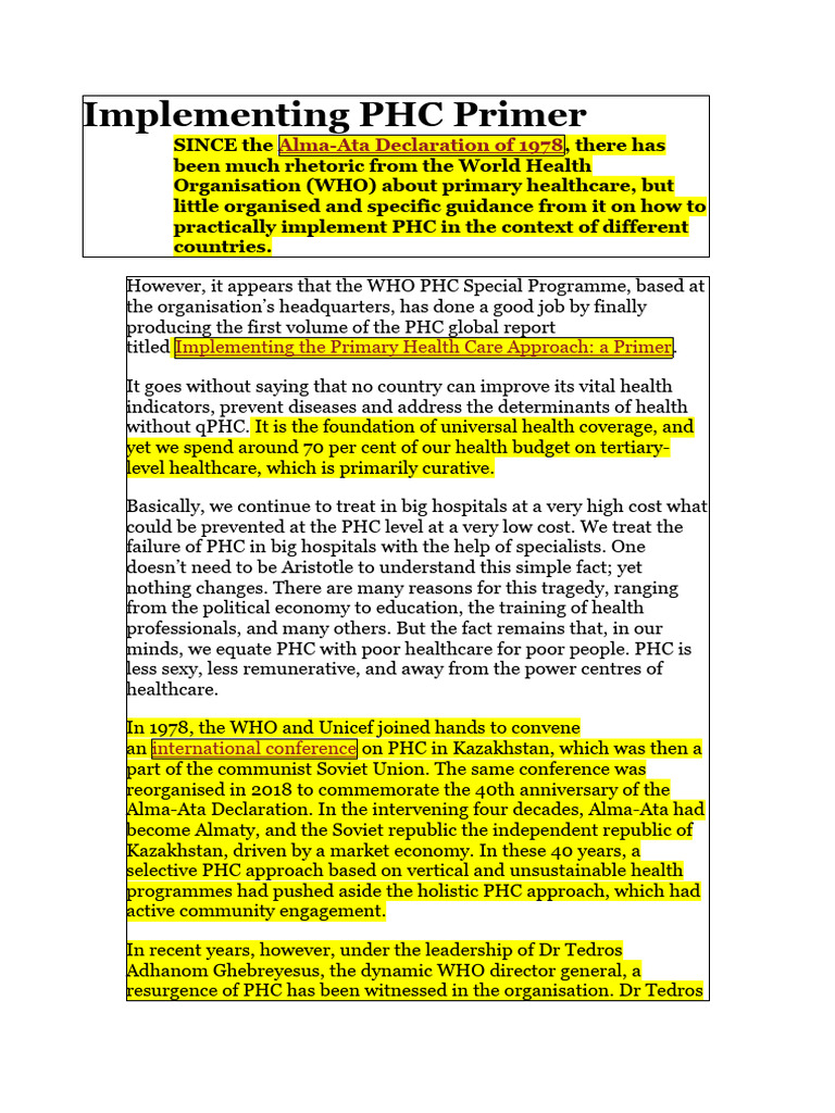 Implementing PHC (Primary Health Care) Primer | PDF | Health Care ...