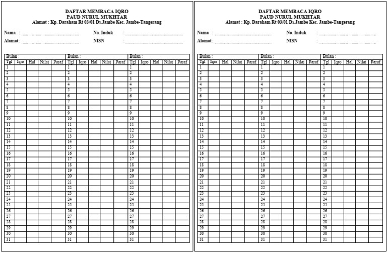 Daftar Membaca Paud Nurul Muktar | PDF