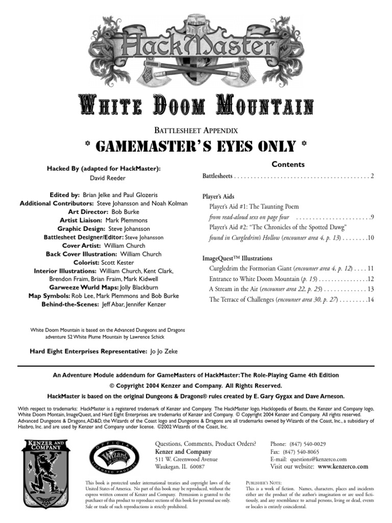 Hackmaster White Doom Mountain Battlesheet Appendix | PDF | Dungeons & Dragons | Role Playing Games
