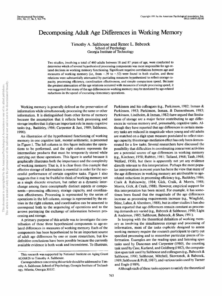 Timothy A Salthouse Decomposing Adult Age Differences | PDF | Working ...