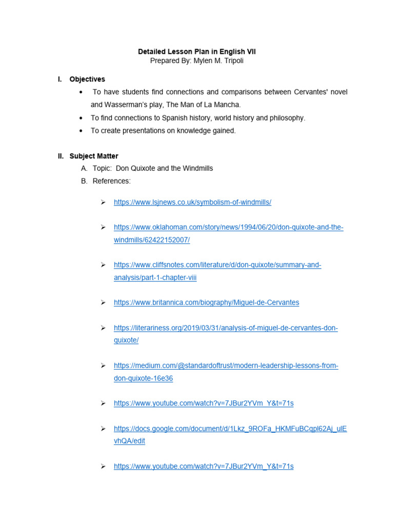 Don Quixote Lesson Plan for English VII | PDF | Don Quixote