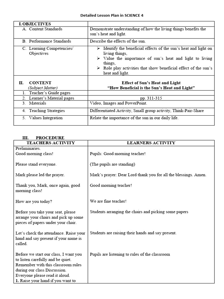 Benefits of Sun's Heat and Light in Science 4 | PDF | Lesson Plan ...