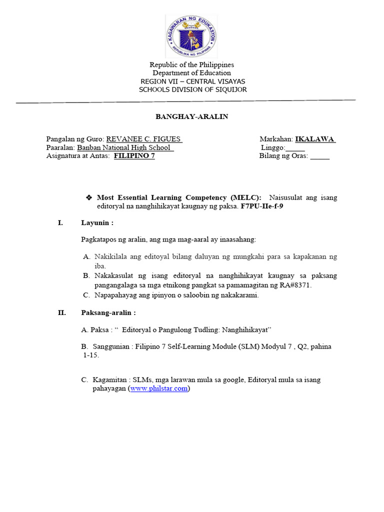 Banghay Aralin Modyul 7 Filipino 7 Q2 | PDF